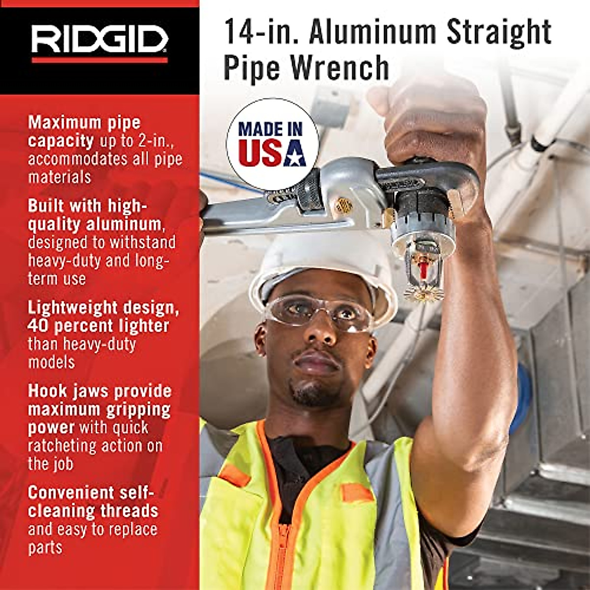 RIDGID 31095 Model 814 Aluminum Straight 14" Plumbing Pipe Wrench, Silver, Made in the USA