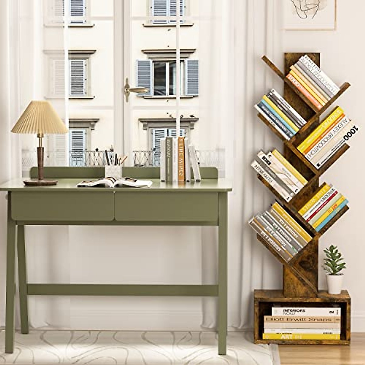 Hoctieon 6 Tier Tree Bookshelf, 6 Shelf Bookcase with Drawer, Modern Book Storage, Free Standing Tree Bookcase, Display Floor Standing Storage Shelf for Books, Utility Organizer Shelves