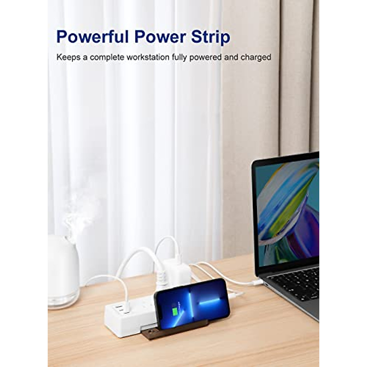 Leadchuang 1875W Power Strip Ultra-Flat Plug Extension Cord with USB C Ports, Surge Protector with 3 USB 3 AC Outlet, Mountable Flat 5 ft with Phone Stand for Kitchen, Home and Office