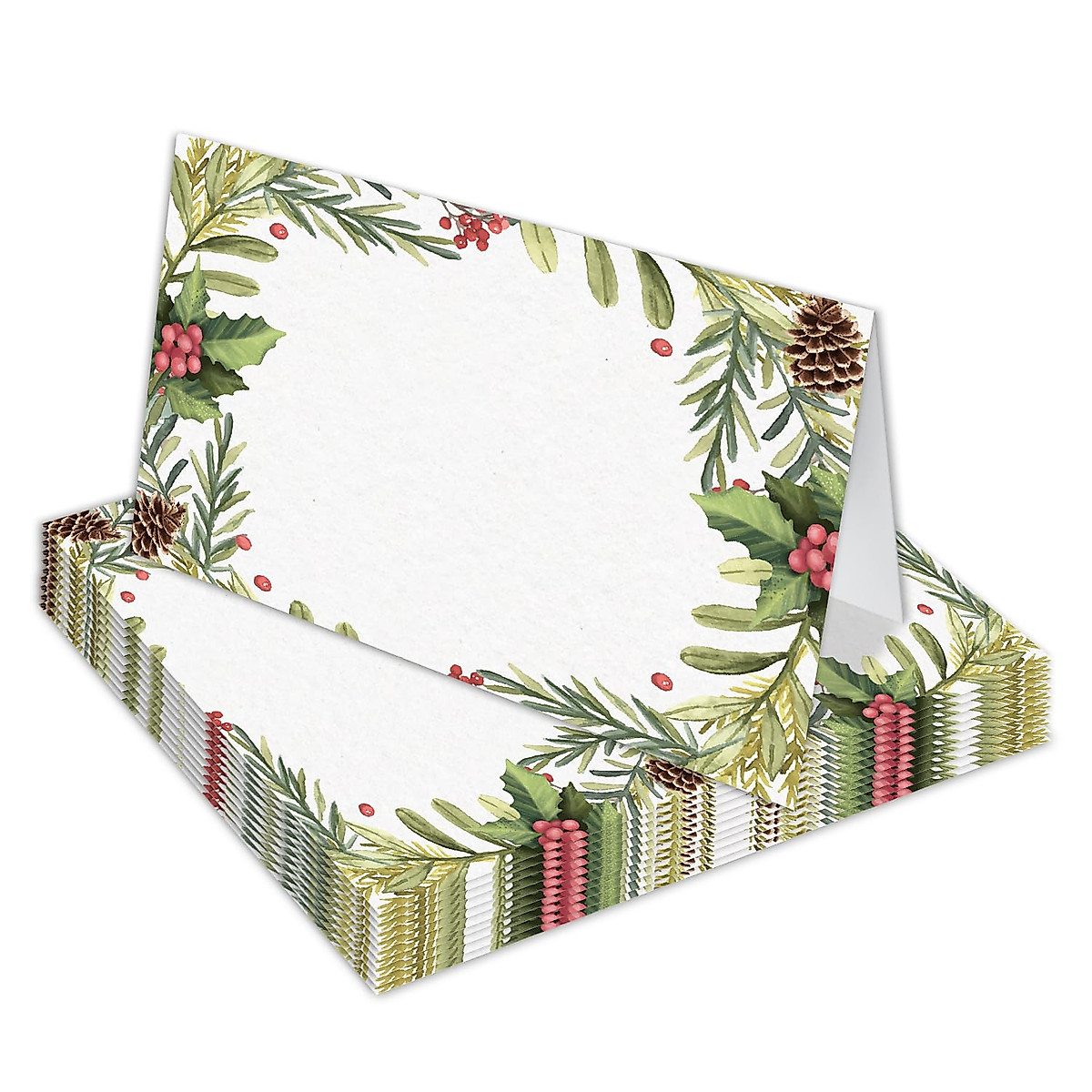 YUEXLL Place Cards with Greenery, Scored for Easy Folding Set of 25 Tent Style Table Seating Cards, Party Decoration Blank Name Fill in Card for Christmas Dinner, Reception, Banquet, Buffet Food-29