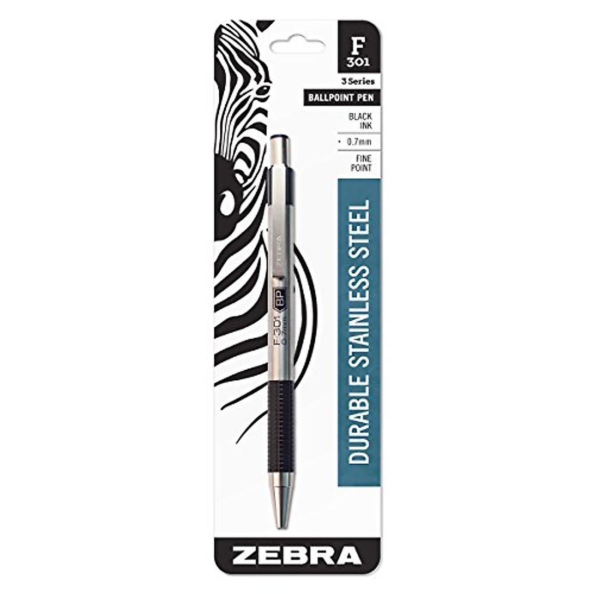 Zebra F-301 Ballpoint Stainless Steel Retractable Pen, Fine Point, 0.7mm, Black Ink, 1-Count