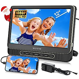 WONNIE 12" Headrest DVD Player Portable for Car, Support 1080P/MP4 Video with HDMI Input/Output, Mounting Bracket, AC Adapter, Car Charger, AV Out, USB Card Reader, Last Memory