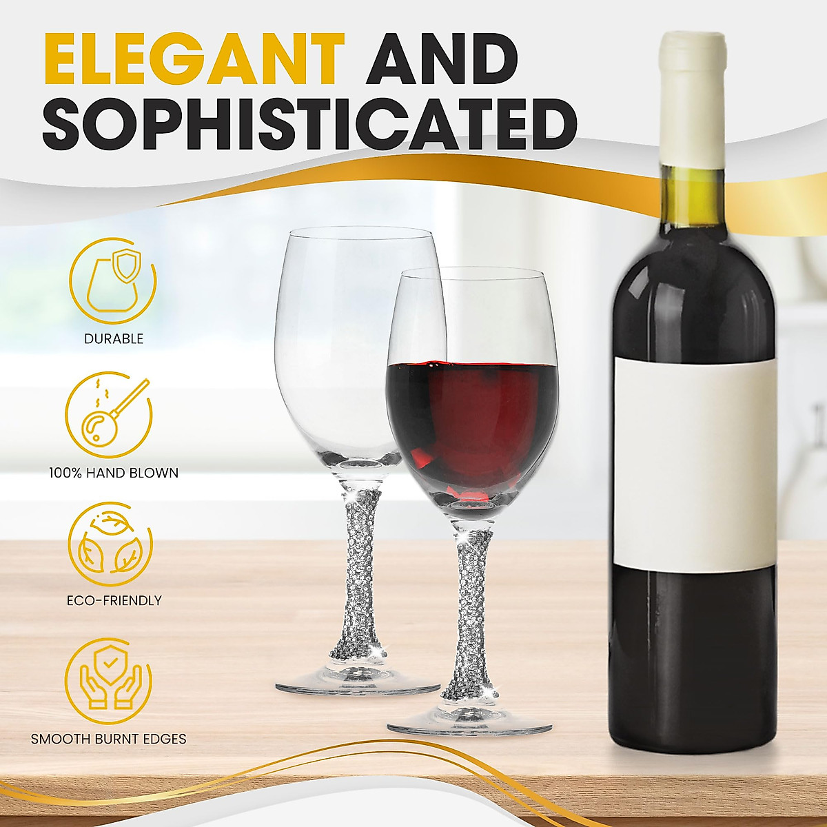 BERKWARE Premium Wine Glasses Set of 2 - Crystal Long Stem Wine Glass with Silver Rhinestone Stem Design - 12 oz