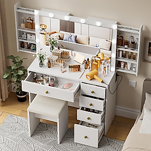 PAKASEPT Makeup Vanity Desk with Lighted Mirror and Charging Station, 39.4" White Vanity Table with 3 Lighting Colors, Hidden Sliding Shelves, 5 Drawers & Stool, Vanity Set for Bedroom