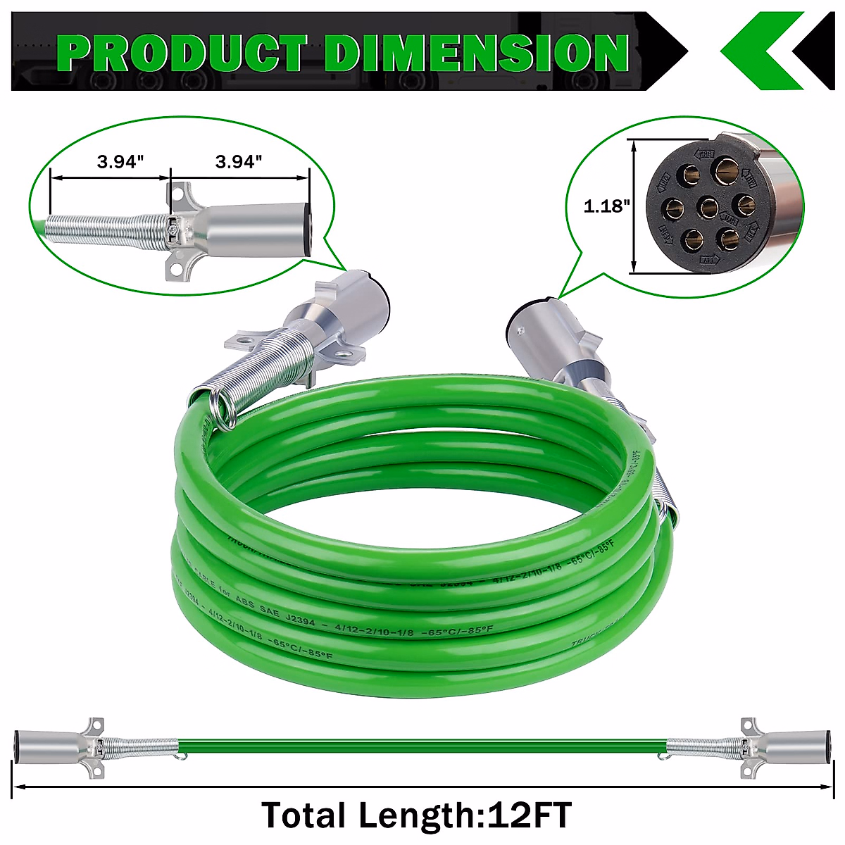 CheeMuii 2 Pack 7 Way Trailer Cord 12 FT ABS Electrical Power Cord Heavy Duty Green Straight Power Wire Cable for Semi Trucks Trailers Tractors