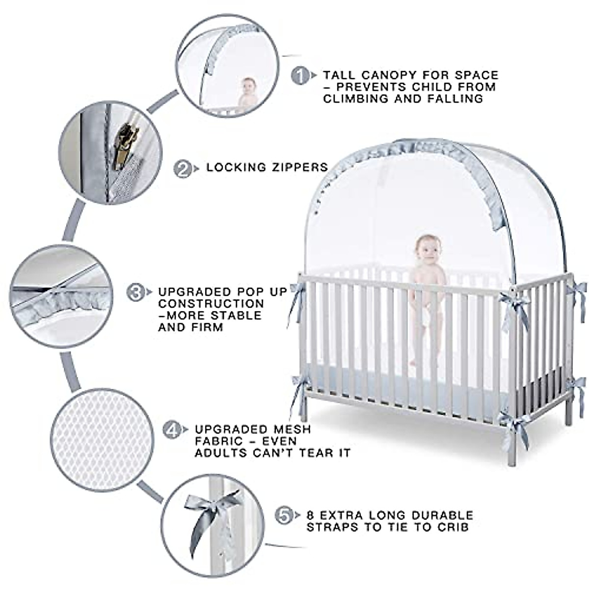 L RUNNZER Baby Safety Crib Tent to Keep Baby from Climbing Out,Pop Up Crib Tent to Protect Your Baby from Falls and Bite,See Through Mesh Top Nursery Mosquito Net