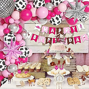 Amandir 113Pcs Western Cowgirl Birthday Party Decorations, Retro Horse Rodeo Party Supplies Backdrop for Girls Hot Pink Silver Balloon Garland Arch Kit Birthday Banner Horse Garland Cake Toppers