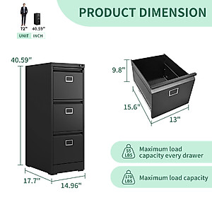 VIYET 3 Drawer File Cabinet, Metal Vertical File Cabinets with Lock for Home Office, Office Steel Filing Cabinet for Hanging Files for A4/ Legal/Letter,Assembly Required (Black)
