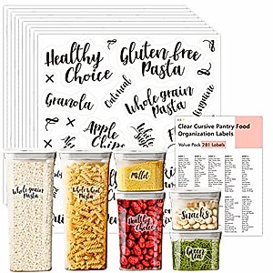 Hebayy 281 PCS Clear Cursive Pantry Labels Set Water Resistant with Customizable Stickers for Food Containers, Jars