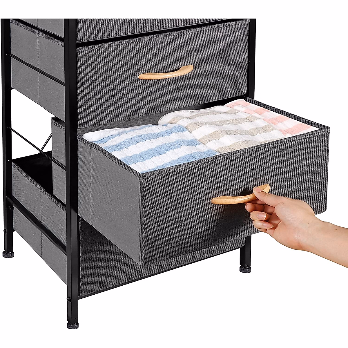 Oteymart Storage Drawers with 4 Drawers, Fabric Tower Organizer Unit for Bedroom,Living Room, Nurseries,Closet, Clothes, Steel Frame,Wood Top, Easy Pull Wood Handles Bins, Dark Gray