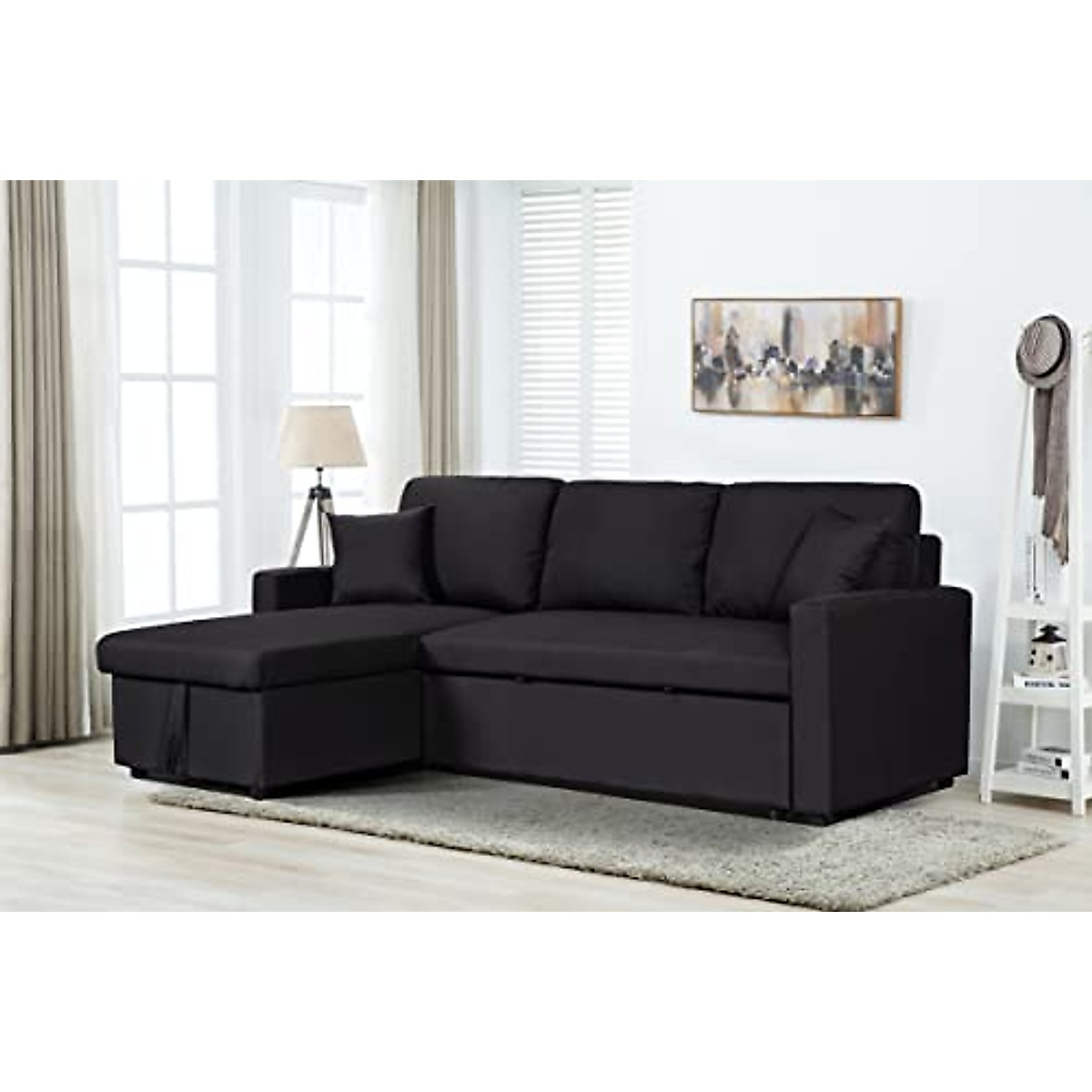 Lovtimber Sectional Sofa with Storage Chaise, L-Shape Linen Reversible Sleeper Corner Couch with 2 Pillows, Pull-Out SofaBed for Home Furniture, Living Room, Apartment, Dorm, Black, 57 Inch