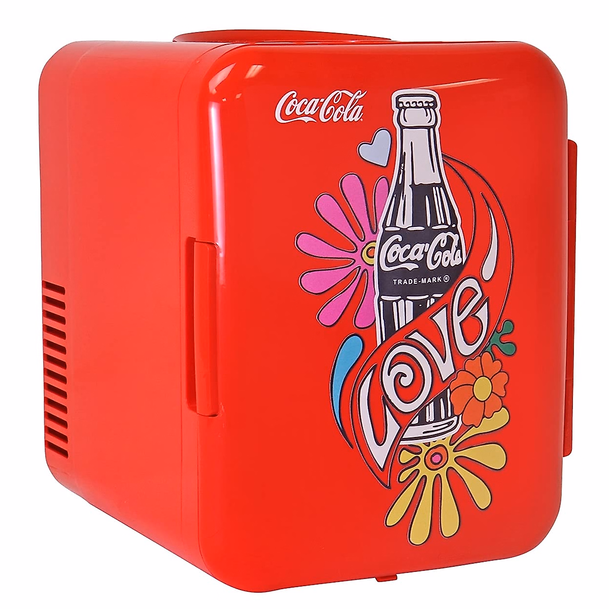 Coca Cola Love 1971 Series Portable 6 Can Thermoelectric Mini Fridge Cooler/Warmer, 4 L/4.2 Quarts Capacity, 12V DC/110V AC for home, dorm, car, Bedroom beverages, snacks, skincare, cosmetics