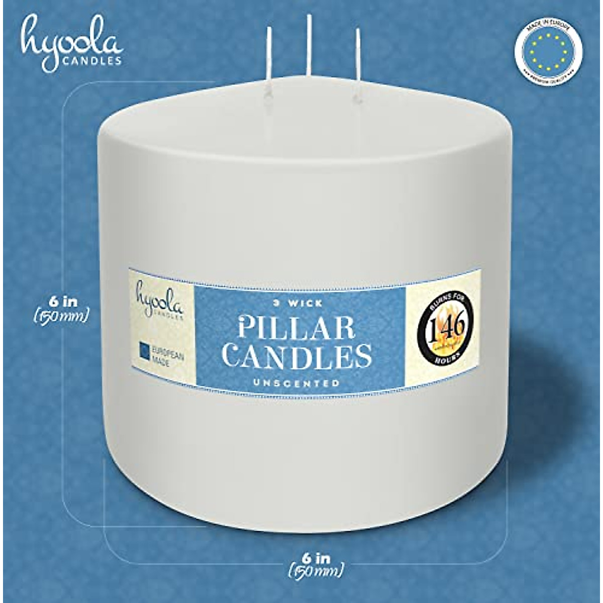 HYOOLA White Three Wick Large Candle - 6 x 6 Inch - Unscented Big Pillar Candles - 146 Hour - European Made