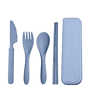 SUNNYHILL 4PCS Portable Utensils Set Straw Cutlery Set Healthy Eco-Friendly Wheat Biodegradable Chopstick Fork Knife Spoon Set for Travel Picnic Camping Students Daily Uses with Portable Case (blue)