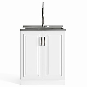 SIMPLIHOME Darwin Contemporary 28 Inch Deluxe Laundry Cabinet with Pull-out Faucet and Stainless Steel Sink in White, For the Laundry Room and Utility Room