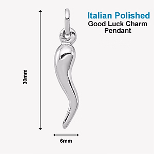 Sterling Silver Italian Polished Rhodium Horn Cornicello Good Luck Charm Pendant - 6mm x 30mm - Italian Horn Necklace for Women Men - Protection Charm