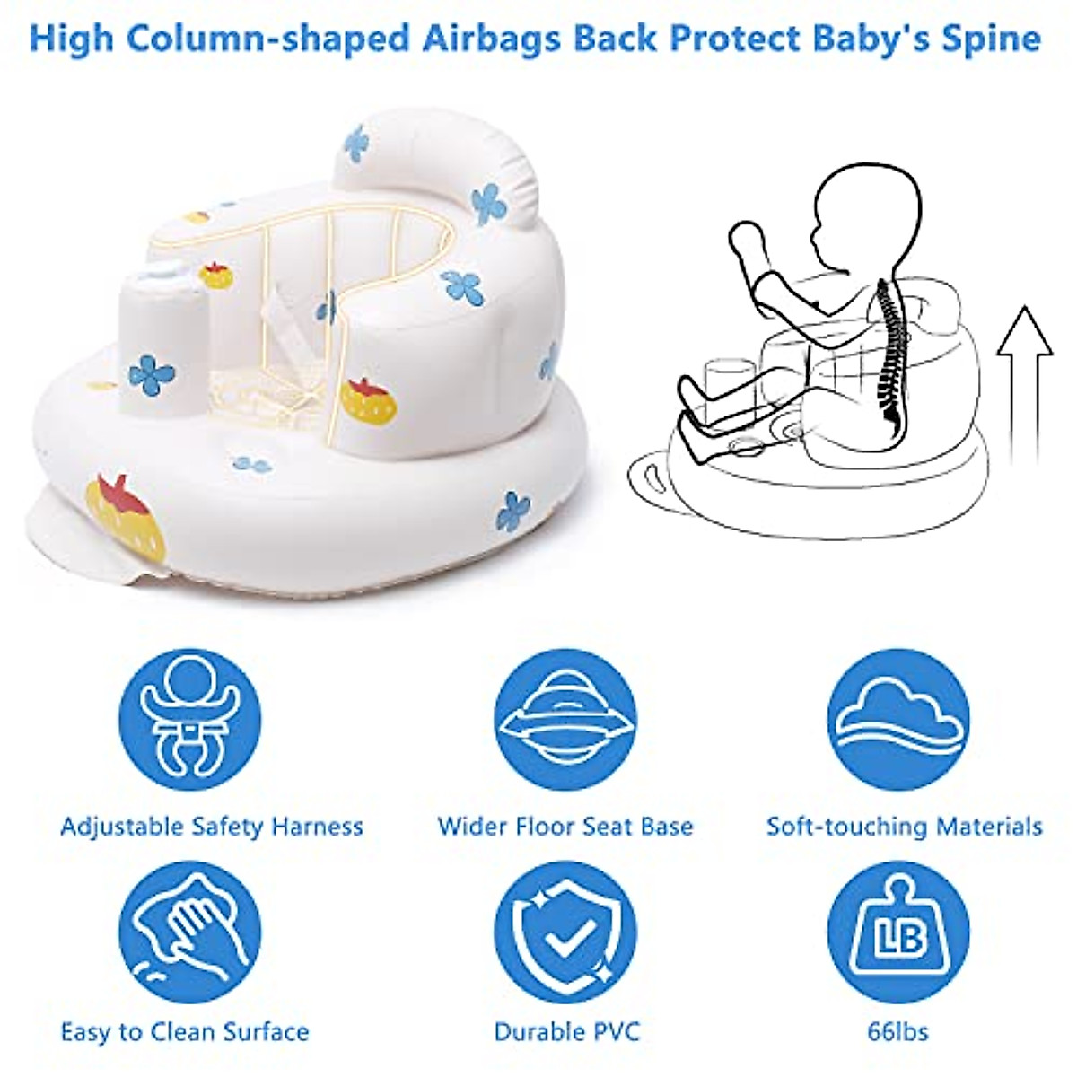BLIRORA Inflatable Baby Floor Seat, Baby Chair for Sitting Up with Two-Point Harness Column-Shaped Airbag Sofa Support for 3-36 Month Olds, Infant Seat Built in Air Pump for Home or Travel