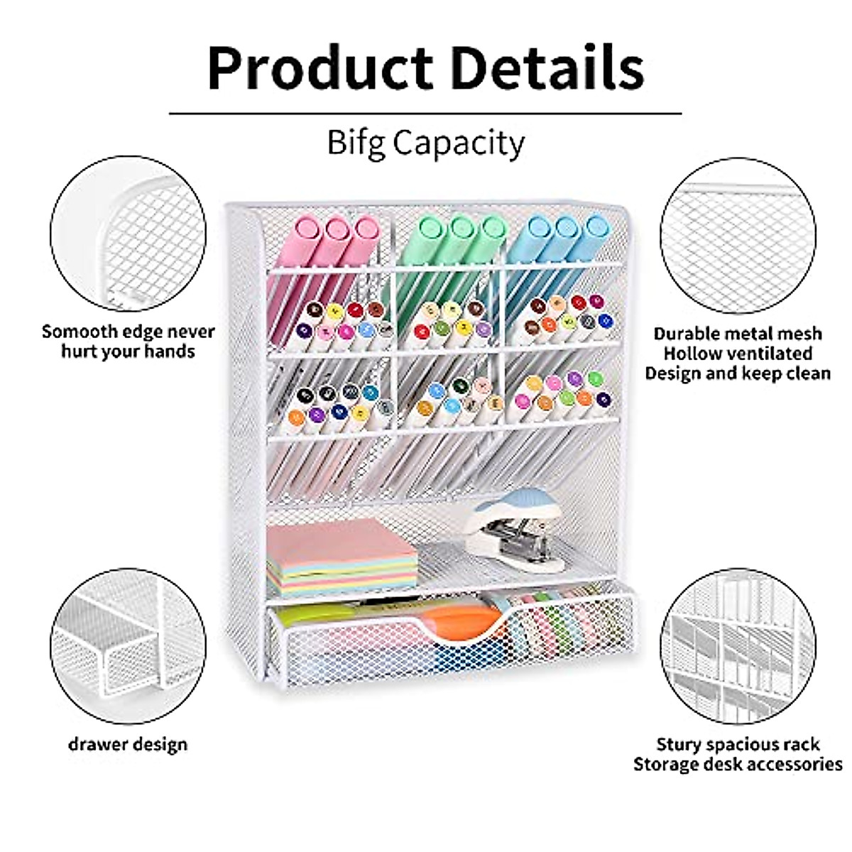Spacrea Pen Holder Desk Organizer - Desk Organizers and Accessories, Pencil Holder with 10 Compartments and 1 Drawer（White）