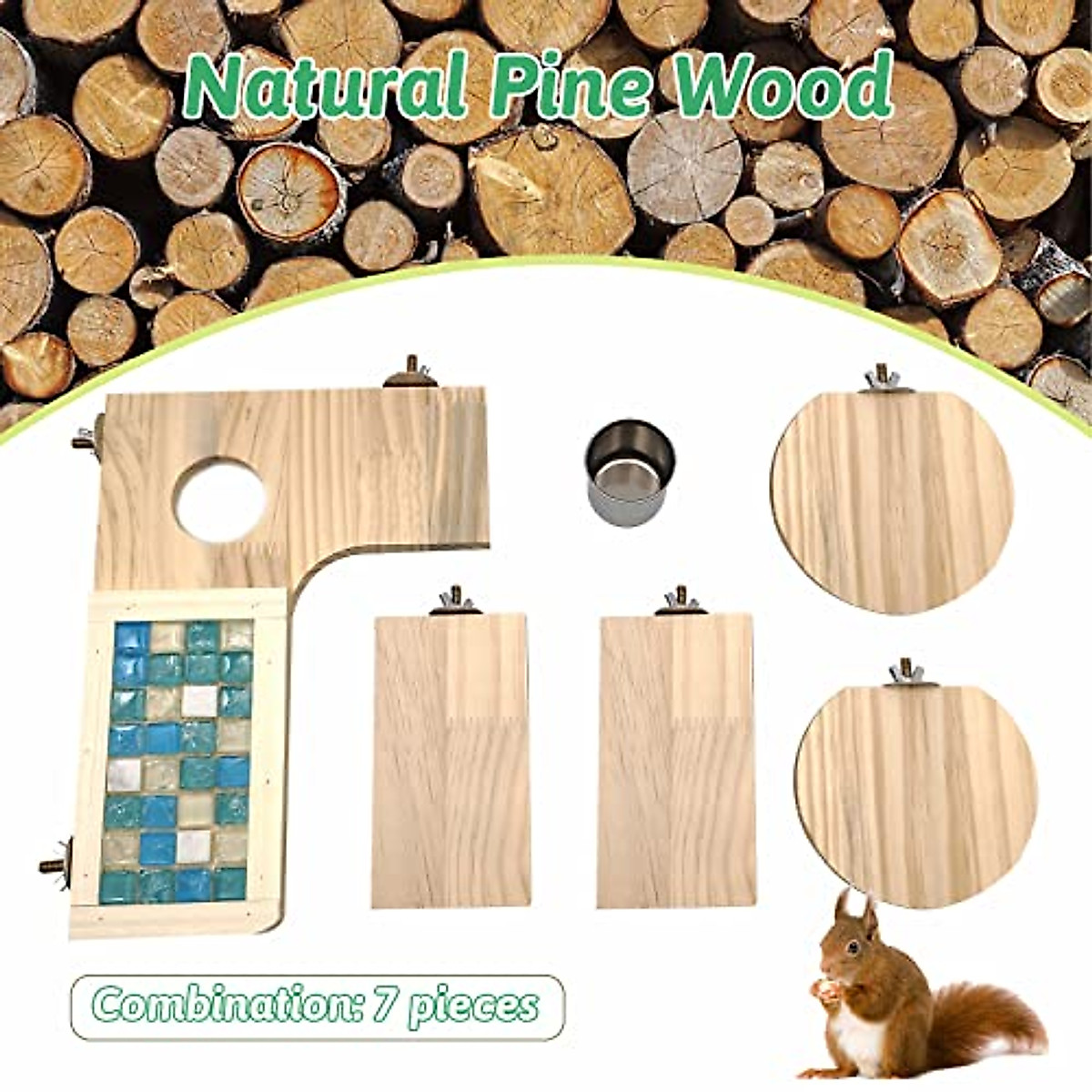 BNOSDM Wooden Hamster Cage Platform Set Wood Chinchilla Ledges and Platforms Rectangle L-Shaped Round Cage Accessories with Cooling Standing Board&Food Cup for Mouse Squirrel Gerbil Guinea Pig