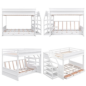 Harper & Bright Designs Full Over Full/Futon Bunk Beds with Stairs and 3 Drawers, Built-in Shelf, Bottom Bed can be Converted into Daybed, Solid Wood Bunk Bed Frame (White)