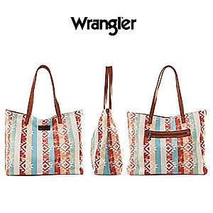 Wrangler Tote Bag for Women Aztec Printed Canvas Shoulder Handbags Large Hobo Handbags Genuine Leather Shoulder Strap,WG53-8112BR