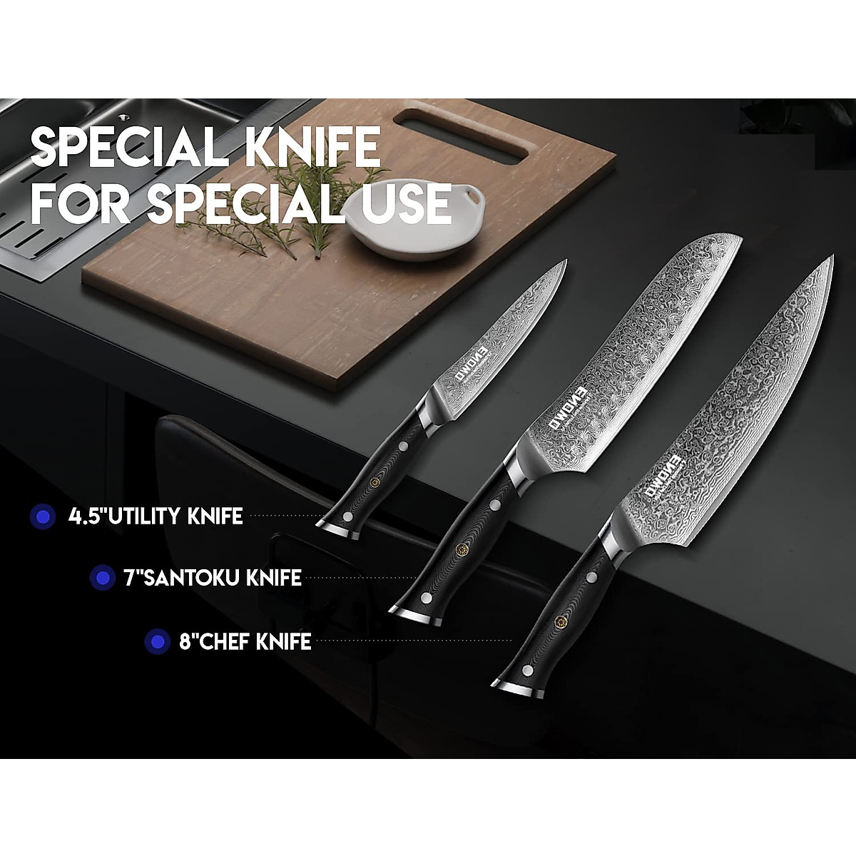 enowo Damascus Knife Set 3 PCS,Razor Sharp Kitchen Knives Made of Japanese Damascus Steel VG10, Well-Balanced Damascus Chef Knife set with Premium G10 Full Tang Handle Triple Rivet Gift Box