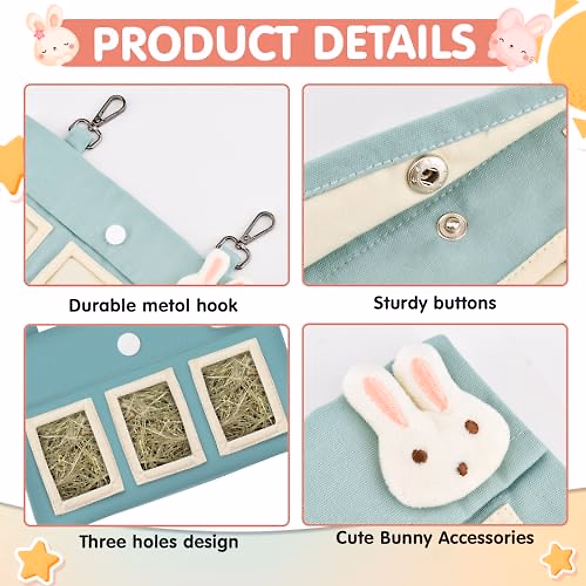 Rabbit Hay Feeder, Bunny Hay Bag for Rabbits,Rabbit Feeder Fabric Bag Feeder Storage Bag,3 Holes Cotton Canvas Fabric Hanging Hay Feeder Bag for Small Animal,Hay Guinea Pig(Macaron Green)