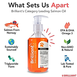 Brilliant Salmon Oil for Dogs, Cats & Puppies | Omega 3 Fish Oil Liquid Supplement with DHA, EPA Fatty Acids | Supports Skin and Coat, Immune System & Joint Function | Hofseth BioCare (34oz)
