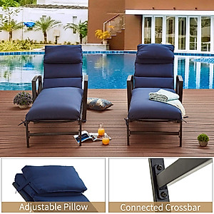 PatioFestival Patio Chaise Lounge Outdoor Adjustable Back Cushioned Chairs All Weather Steel Frame Lounger with Blue Pillow(2Pcs)