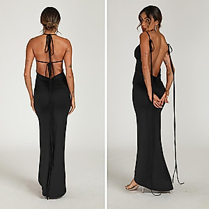ABYOVRT Women Sexy Backless Dress Bodycon Sleeveless Open Back Maxi Dress Going Out Elegant Party Cocktail Long Dress (A-Black, M)