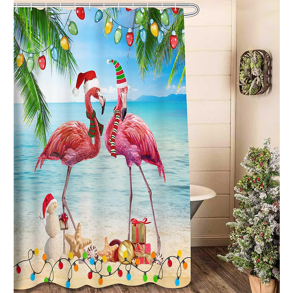 Christmas Shower Curtain, Bright Tropical Christmas Beach Red Flamingo Shower Curtain, Funny Xmas Holiday Shower Curtain, Vintage Merry Christmas Shower Curtain for Bathroom with 12PCS Hooks, 70X70IN