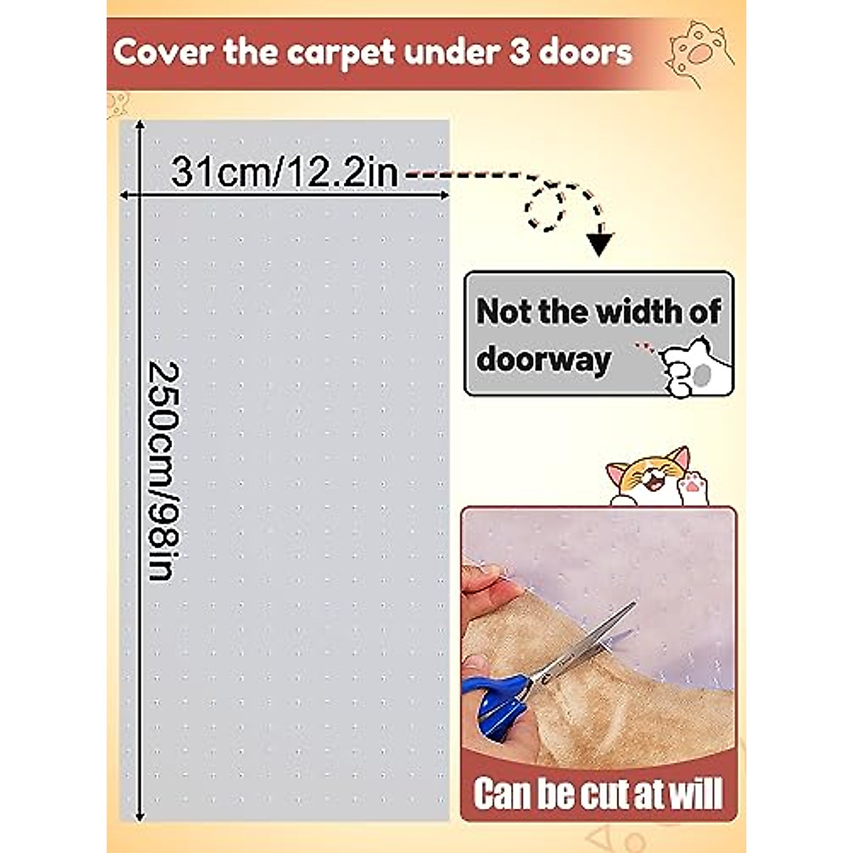 8.2Ft Cat Carpet Protector, Heavy Duty Plastic Pets Scratch Stopper for Carpet, Easy to Cut, Clear Non-Slip Floor Runner Prevent Carpets Rugs from Scratching Tearing Wearing at Doorway