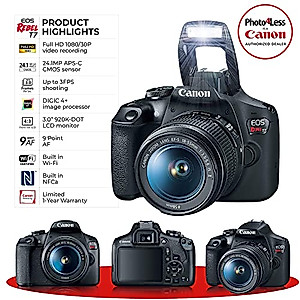 Canon EOS Rebel T7 Digital SLR Camera with EF-S 18-55mm f/3.5-5.6 is STM Lens + 64GB Memory Card + Wide Angle and Telephoto Lens + Tripod + Extra Battery + Remote + Slave Flash (Renewed)