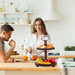 Urban Deco Wooden Decorative Tray Two Tiered Tray Decorations Round Serving Tray with Metal Handle, Wooden Cupcake Stand for Party Tiered Dessert Stand - Dark Brown Farmhouse Wooden Tray