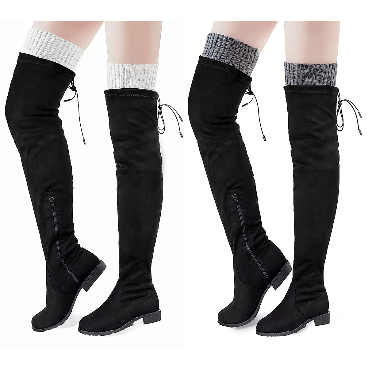 Pcavin Thigh High Socks for Women Cable Knit Over the Knee Boot Socks, Long Warm Leg Warmers Winter(White&Gray)