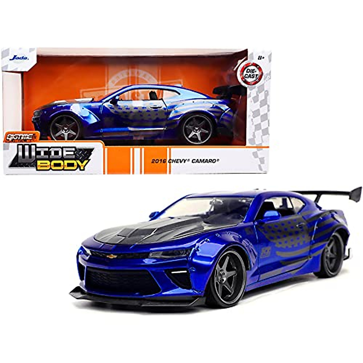 2016 Chevy Camaro Widebody Candy Blue with Gray Metallic Hood and American Flag Graphics Bigtime Muscle Series 1/24 Diecast Model Car by Jada 32993
