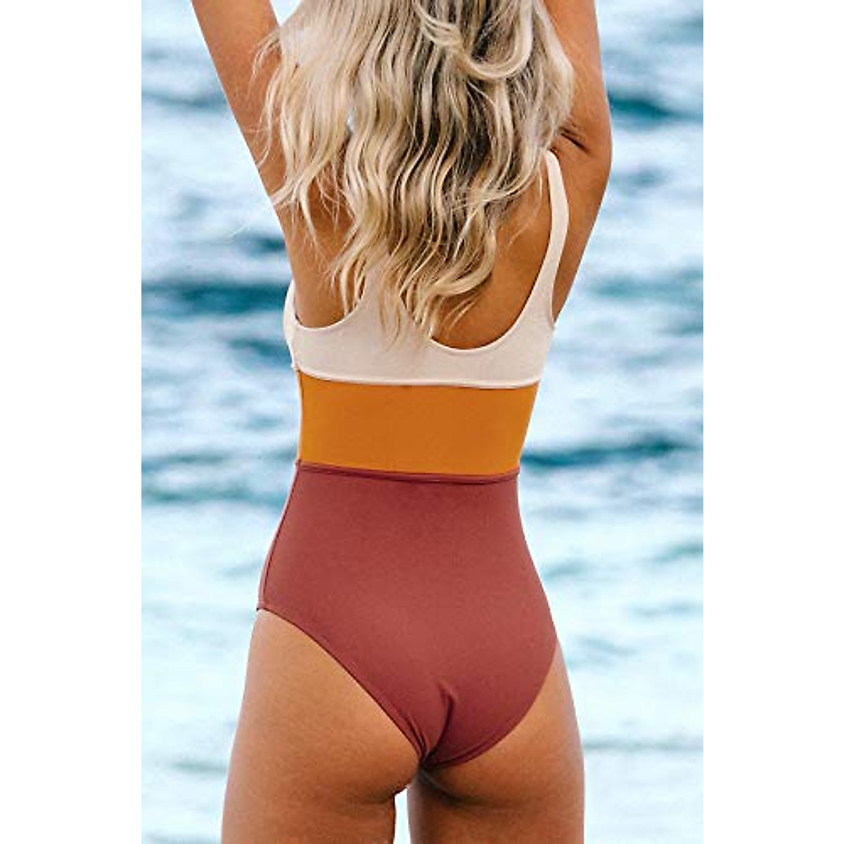 CUPSHE Women's One Piece Swimsuit Color Block Keyhole Cutout Bathing Suit, M