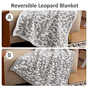 Fluffy Leopard Knitted Throw Blanket Ultra Soft Reversible Grey White Cheetah Printed Bed Blanket Cozy Warm Micro Plush Blanket for Couch Bed Sofa (Grey, 51"x63")