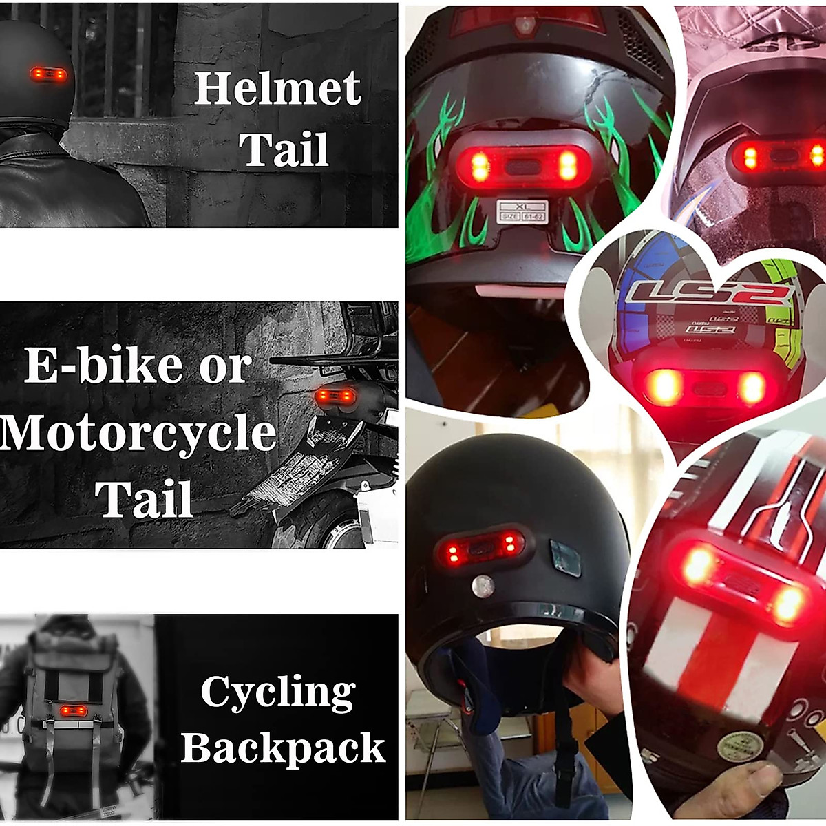 JIAN BOLAND Bike Helmet Light, Motorcycle Helmet Brake Light/Bike Bicycle LED Safety Warning Helmet Lights for Night Riding, Rechargeable Battery & IPX6 Waterproof