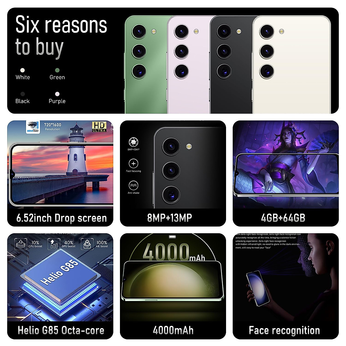 GAMAKOO G23 Unlocked Cell Phone 64GB+4GB Dual SIM 6.52” 4000mAh Battery 4G Android Smartphone 13MP+8MP Camera (White)