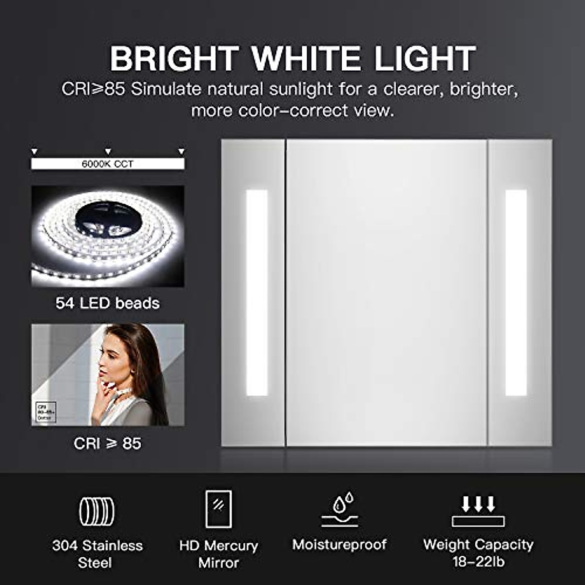 DANGJIN 25 x 23 Inch LED Lighted Bathroom Medicine Cabinet with Mirror, Aluminum Surface Led Medicine Cabinet, Adjustable Glass Shelves, Waterproof and Rust-Resist, Wiring Power Supply, On/Off Button