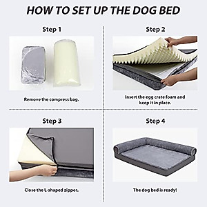 KSIIA Orthopedic Dog Bed Waterproof Dog Beds for Large Dogs Flannel Bolster Dog Couch Bed with Egg Crate Foam Removable Washable Cover & Nonskid Bottom, 36 x 27 Inch, Gray