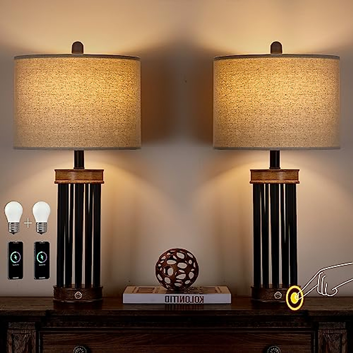G-SAFAVA 24" USB A+C 3-Way Dimmable Touch Control Industrial Table Lamp Set of 2 for Living Room Nightstand Beside Lamps for Bedroom(Include Two Bulbs)