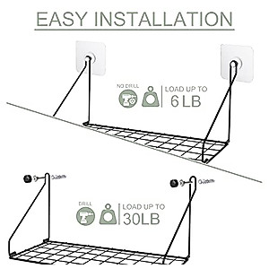 Wall Floating Shelves 2 Pack, No Drill Adhesive Mount, Black Metal Hanging Shelf, Storage Bookshelf Rack for Bathroom, Bedroom, Kitchen, Laundry, Dorm, Office, Garage, Decor Dispaly and Organization