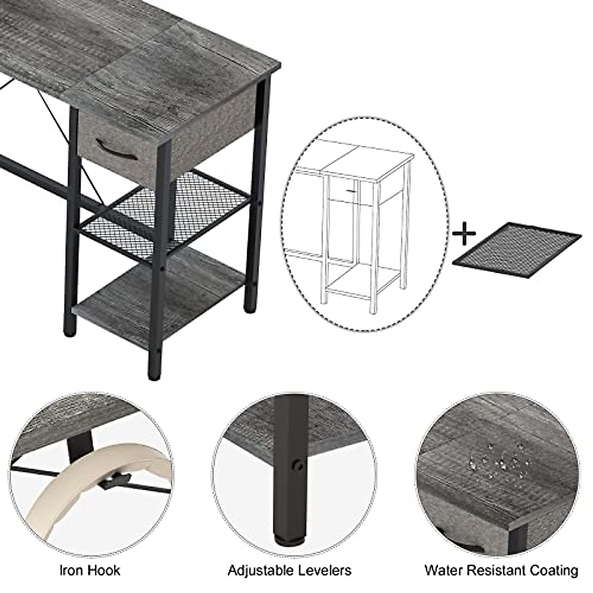 PONROL L Shaped Computer Desk with Storage Drawer Shelves and Monitor Stand, Modern Reversible Corner Gaming Table Sturdy Writing Workstation for Home Office