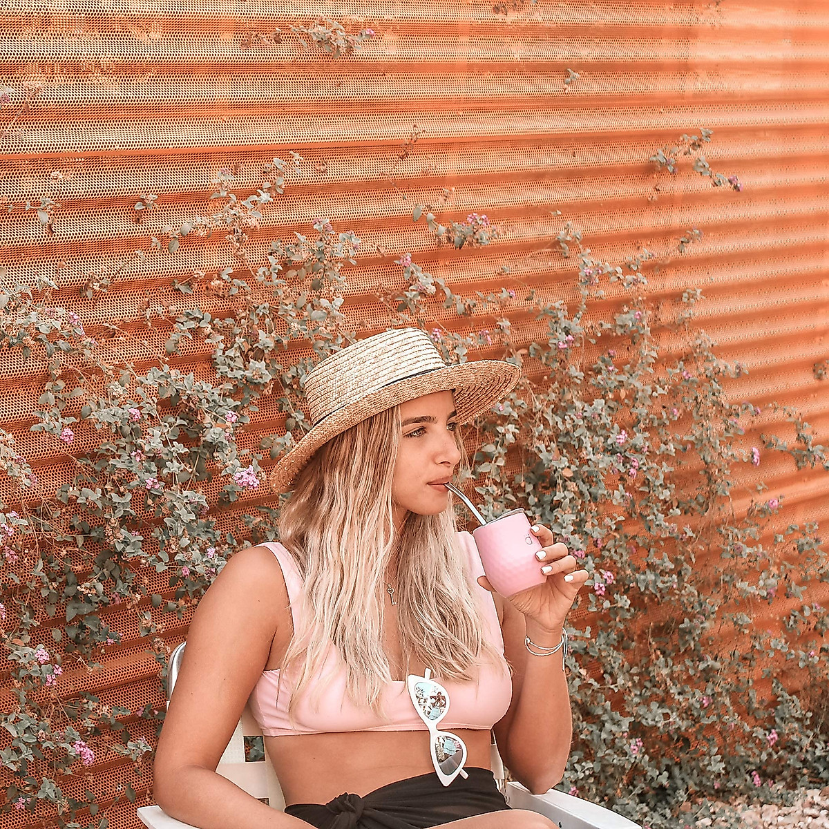 Kalmateh Yerba Mate Gourd - Double Walled Stainless Steel with BPA Free Lid, Bombilla Filter Straw & Bombilla Cleaner -Pastel Pink, 8 oz