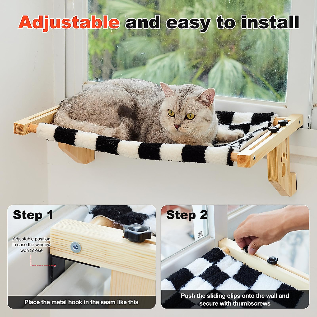 JTL-ADMCW Cat Sill Window Perch Hammock Sturdy Solid Wood Frame for Large Cats Easy to Assemble&Adjust Bed Windowsill, Bedside, Drawer and Cabinet(Chessboard Plush) Black/White
