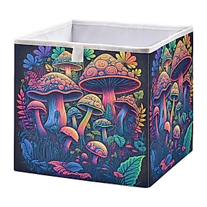 TecEr Mushrooms Pattern Foldable Fabric Cloth Strong Sturdy Storage Cube Basket Bins Organizer with Handles, For Home Shelf Closet And Toys Storage 11x11x11in