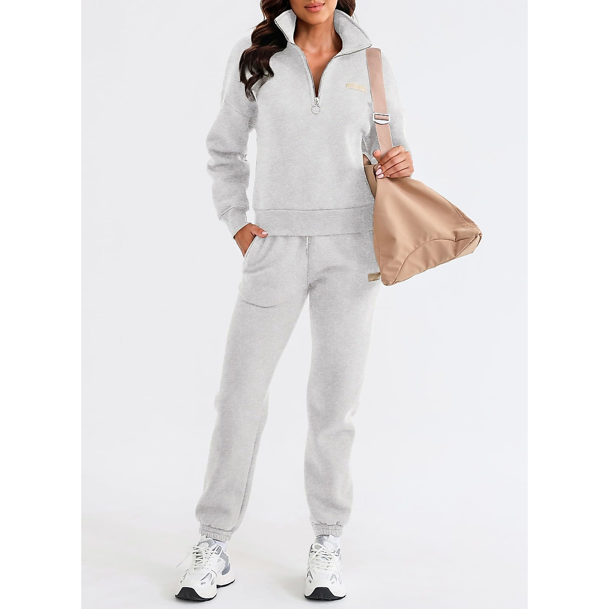 Herseas Fall 2 Piece Teacher Outfits for Women White Casual Sweatsuits Half Zip Pullover with Jogger Comfy Set Fashion Leisure Suits X-Large 16 18