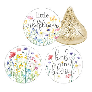 Little Wildflower Baby Shower Chocolate Kisses Candy Stickers, Baby in Bloom Decorations, She's a Wildflower Party Favor Stickers, It's a Girl Spring and Summer - 180 Count